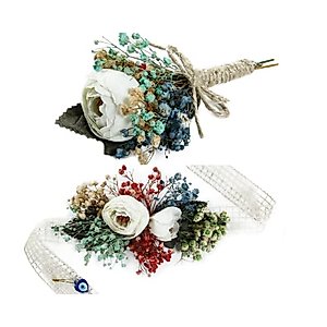 PRIMEART Corsage and Boutonniere Set 13 Pcs 6 Corsage Wristlet & 6 Boutineers for Men Wedding &1 Flower Crown-Gift Set for Groom Boutonniere & Wrist Corsages for Wedding & Corsage for Prom