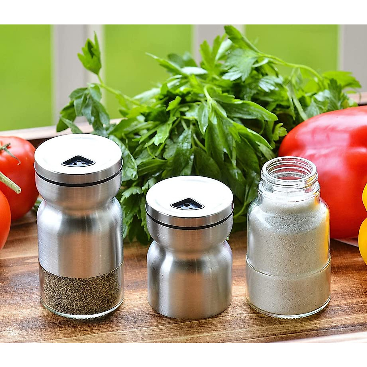 HOME EC Glass Salt and Pepper Shakers Set with Adjustable Pour Holes - Stainless Steel Salt Shaker and Pepper Shaker - Farmhouse Salt and Pepper Shaker Set for Himalayan, Kosher Sea Salts & Spices