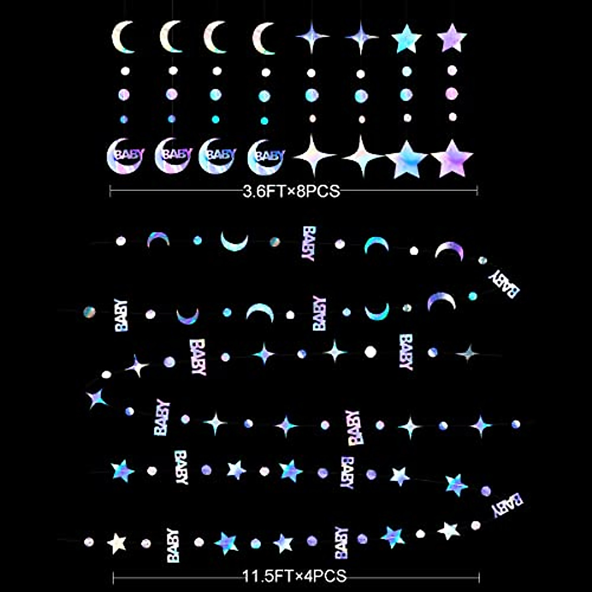 Iridescent Baby Garland Star Moon Circle Dot Streamer Holographic Baby Sign Twinkle Twinkle Little Star Hanging Banner for Baby Shower Oh Baby Welcome Baby Gender Reveal Party Decorations Supplies