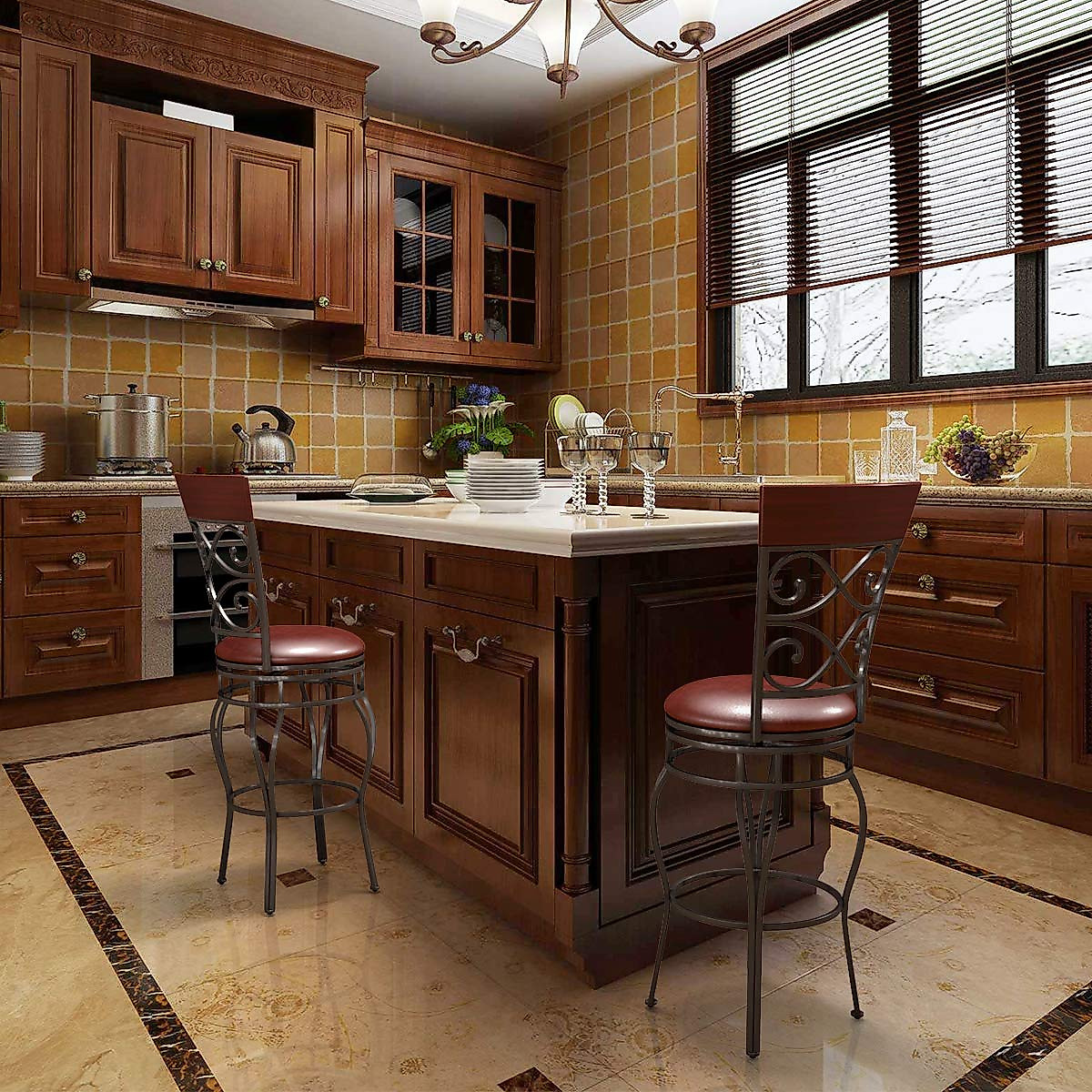 COSTWAY Bar Stools Set of 2, 360 Degree Swivel, 30" Bar Height Bar Stools, Leather Padded Seat Bistro Dining Kitchen Pub Metal Chairs with Back for Kitchen Island (Set of 2)