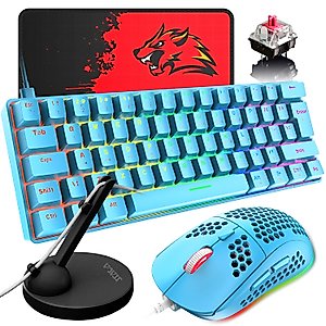 SELORSS 60% True Mechanical Keyboard and Mouse Combo,Compact Mini 62 Keys Chroma 20 Rainbow Backlit,Linear Switch,6400 DPI Optical&65g Lightweight RGB Gaming Mouse with Cable Holder for PC/Mac (Blue)