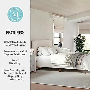 Martha Stewart Britta Platform Bed with Headboard & Footboard, Faux Linen Upholstery with Piping Detail, Rounded Headboard, No Box Spring Needed, Full, Beige