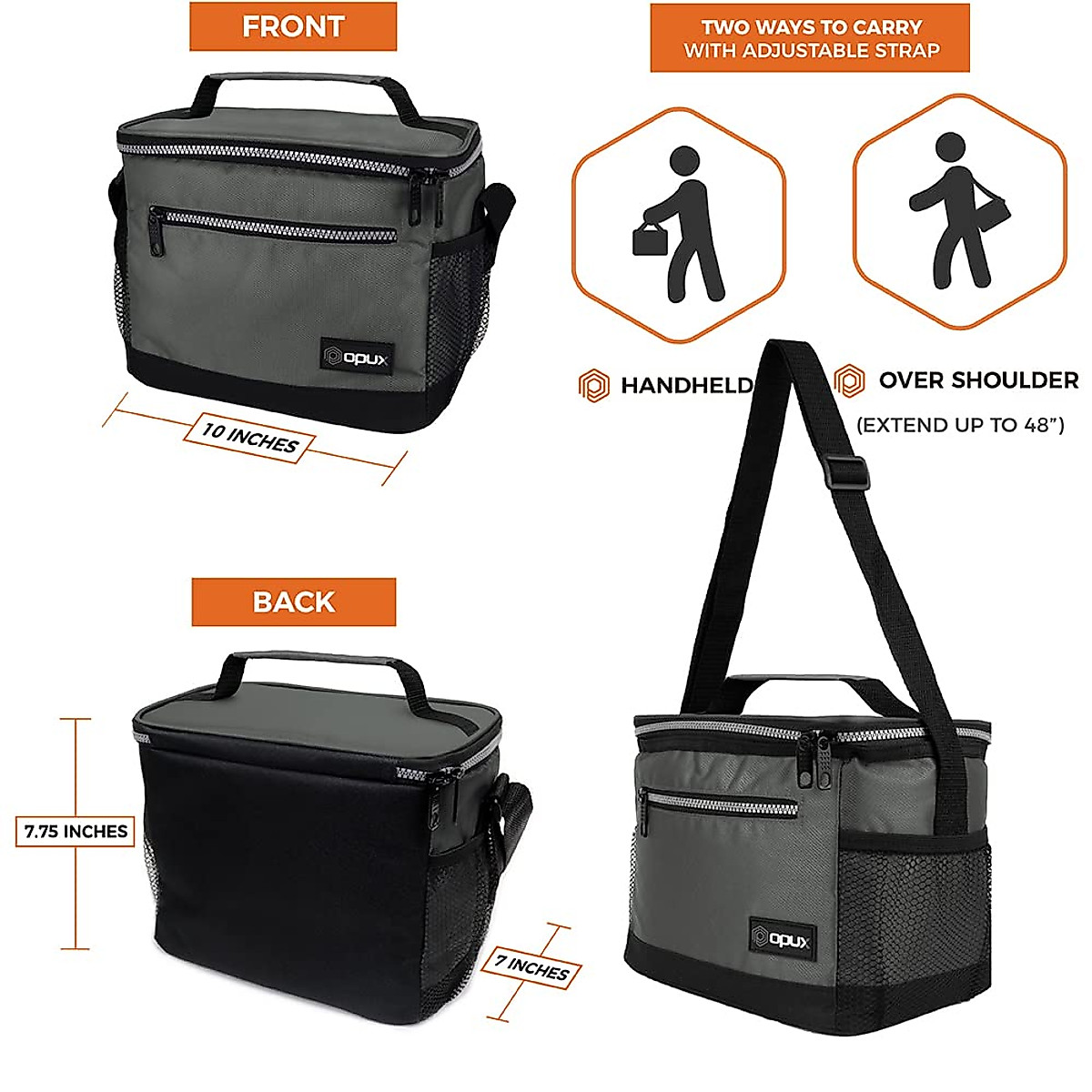 OPUX Insulated Lunch Box Men Women, Lunch Bag for Work School, Leakproof Soft Cooler Tote Adult, Large Lunch Pail Kids Boys Girls, Picnic Beach Food Bag with Shoulder Strap, Grey