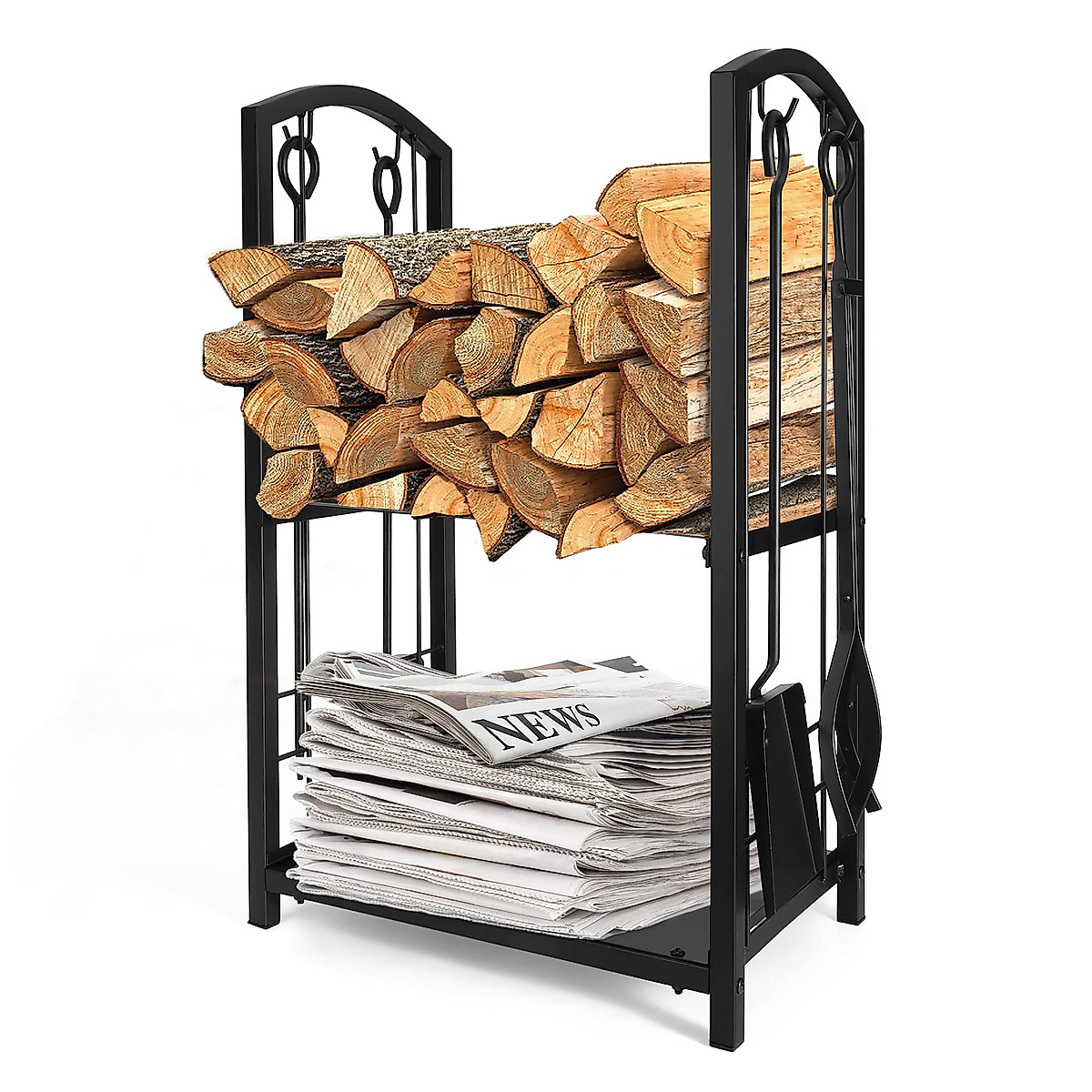 Delxo Fireplace Rack Indoor with 4 pcs Fireplace Tools Fire Pits Tools for Outdoor Log Holder Wood Stove Accessories Black Fireplace Log Rack Wrought Iron Logs Bin Holder for Fireplace Tool Set