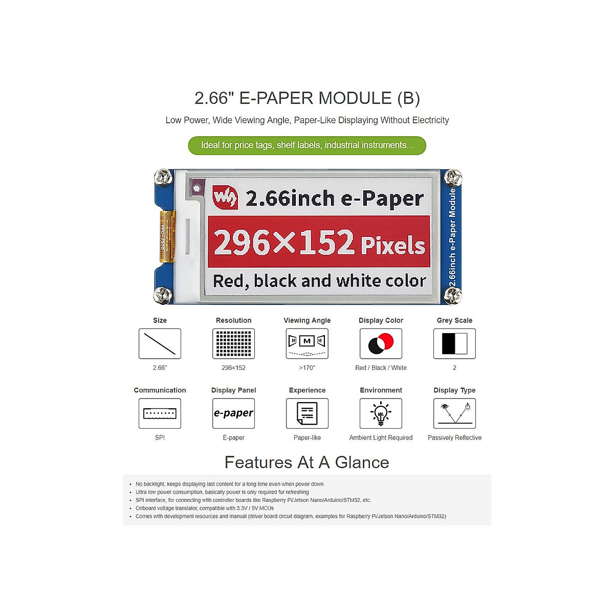 Waveshare 2.66inch E-Paper E-Ink Display Module Compatible with Raspberry Pi 4B/3B+/3B/2B/B+/A+/Zero/Zero W/WH/Zero 2W Series Boards 296×152 Pixels Red/Black/White Three-Color SPI Interface