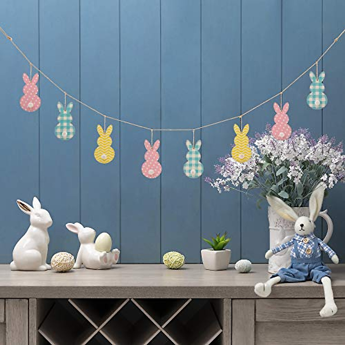 glitzhome 72''L Easter Metal Bunny Garland, Easter Wall Hanging Decor Jute Banner for Indoor Outdoor Mantle Door Festive Party Home School Decorations
