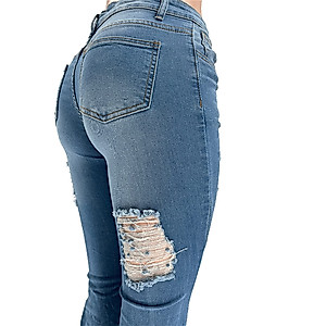 Maiyifu-GJ Bell Bottom Jeans for Women Ripped Mid Rise Raw Hem Flared Jean Slimming Skinny Stretch Wide Leg Denim Pants (Blue,Small)