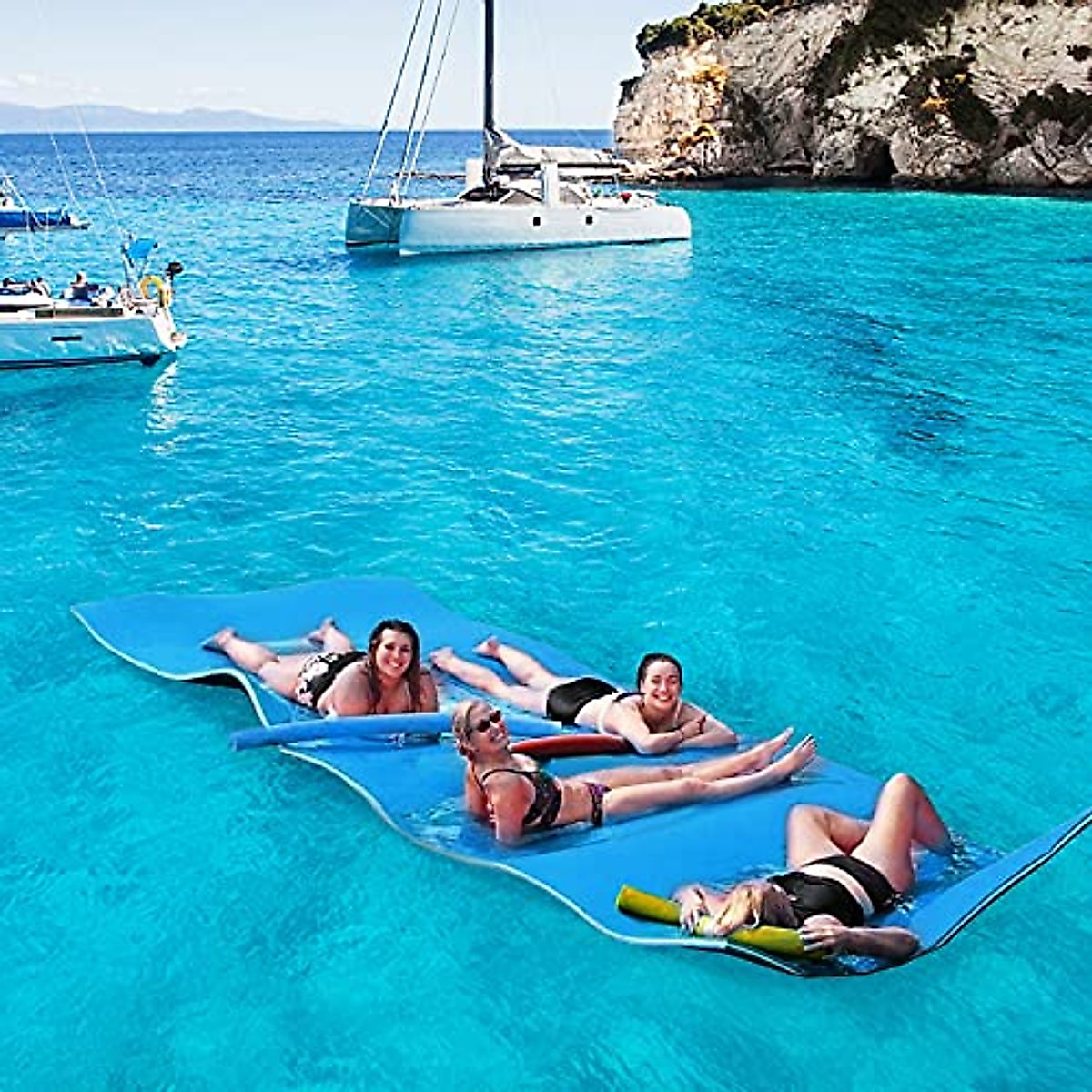 ECOTOUGE 9'x 6' Floating Water Mat, 3-Layer XPE Foam Water Floating Pad, Lily Pad Floating Mat for Water Recreation and Relaxing (Blue and Yellow)
