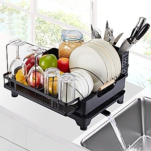 KIBEE Large Dish Drying Rack Drainboard Set,Rustproof Stainless Steel Dish Rack with Utensil Holder,Wine Glass Holder,Dish Drainers for Kitchen Counter (Black)