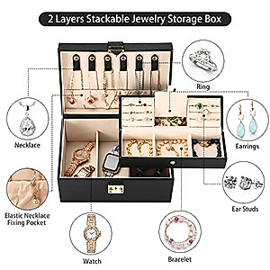 CHFONG Jewelry Box, 2 Layers PU Leather Display Jewellery Holder, Removable Travel Portable Jewelry Case for Necklace Earrings Rings Bracelets, Jewelry Boxes Organizer for Women Girls Wife - Black