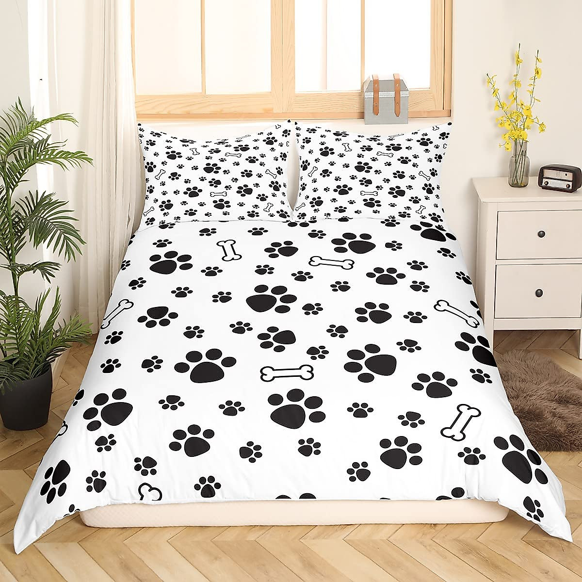 Castle Fairy Dog Paw Print Duvet Cover for Boys,Girls Puppy Bone Comforter Cover Full Size,Black White Bedding Set Kids Teen Room Decor Bed Cover,Dog Footprints Bedclothes with Zipper