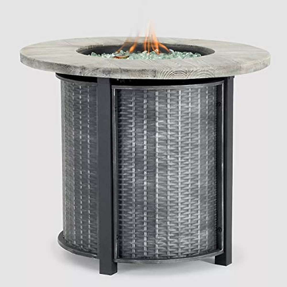 RST Brands Sego Lily Logan Steel Outdoor Patio Round Fire Table, with Fiber Concrete Top, 40000 BTUs, PE Wicker, Backyard, 30x30 Inch, Gray