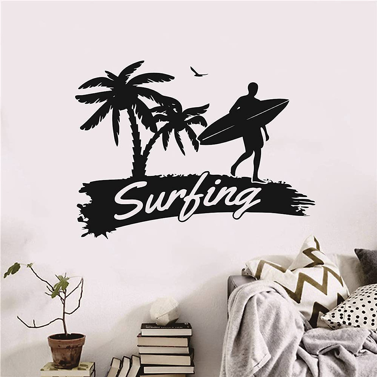 Vinyl Wall Art Surfing Wall Decal Gym Sports Boys Teenages Surf Board Palm Tree Wall Sticker Removable Wall Mural for Bedroom Living Room TM-62 (Black)