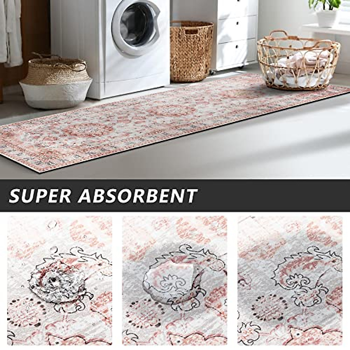 MELAJIA Boho Kitchen Rugs Sets of 3 Non Slip Washable Pink Durability Laundry Room Mat for Washer and Dryer Easy to Wipe Low-Profile Runner Rug for Hallway Entryway Bathroom