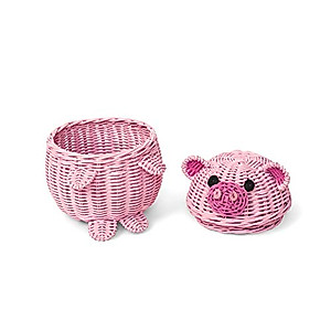 G6 COLLECTION Pig Rattan Storage Basket with Lid Decorative Bin Home Decor Hand Woven Shelf Organizer Cute Handmade Handcrafted Gift Art Decoration Artwork Wicker Pink Piggy (Small)