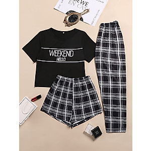 Verdusa Women's 3 Piece Plaid Print Pajama Sets Tee Top and Shorts Pants Pj Set Black S