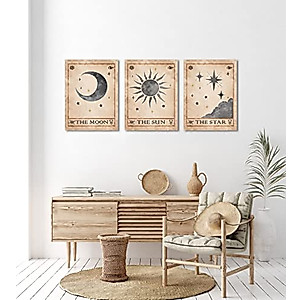 Tarot Canvas Prints Wall Art, Wiccan Art Wall Decor, Astrology Wall Decor, The Sun, Moon and Star Tarot Aesthetic Bohemian Wall Art, Celestial Canvas Prints, Mystical Home Decor, Astrology Posters Framed Ready to Hang