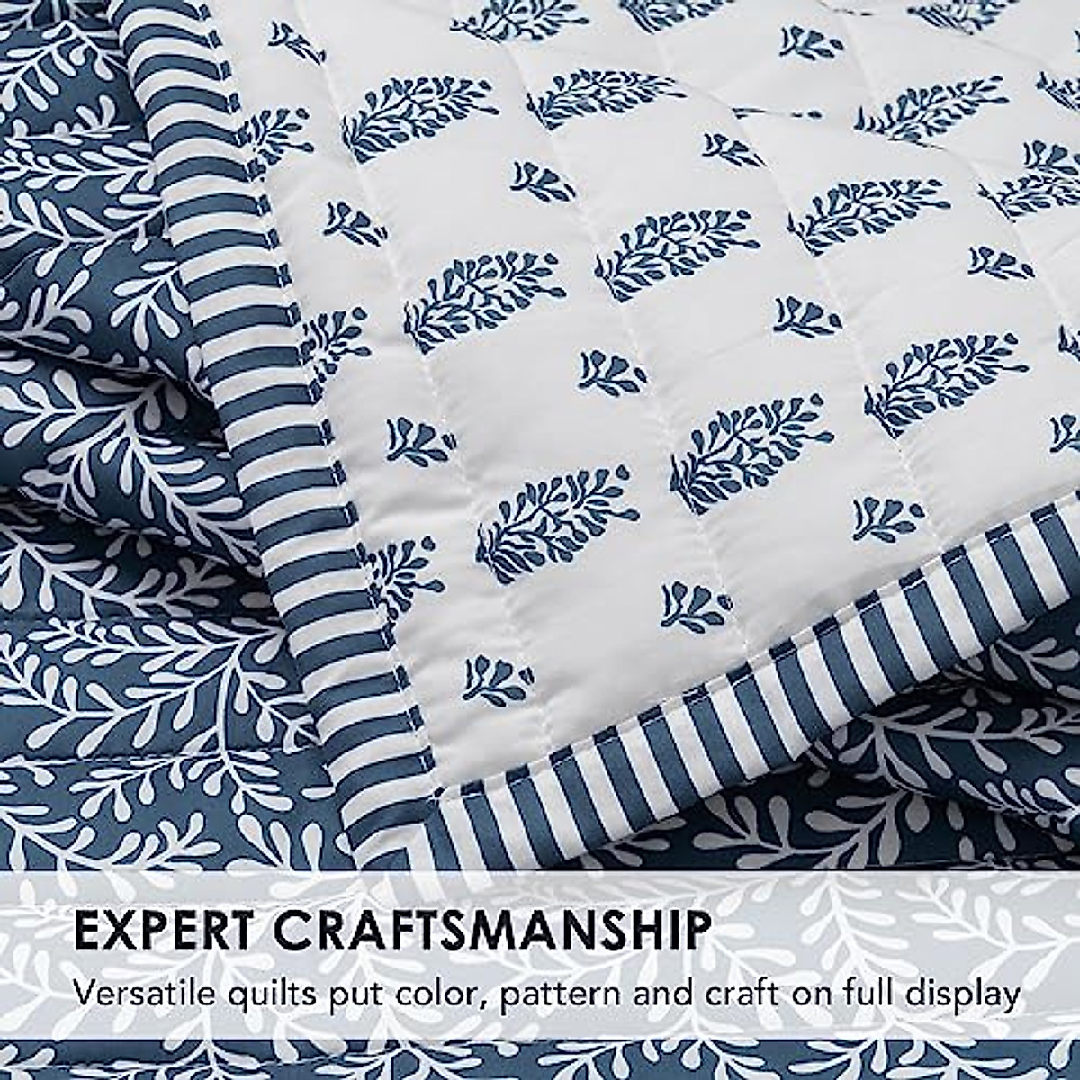 EVERGRACE Floral Printed Quilt Comforter Set Queen Size, 3 Pieces (1 Reversible Quilt Bedding Set, 2 Pillow Shams), Microfiber Lightweight Coverlet Bedspread for All Seasons, Foggy Blue, 92"x96"