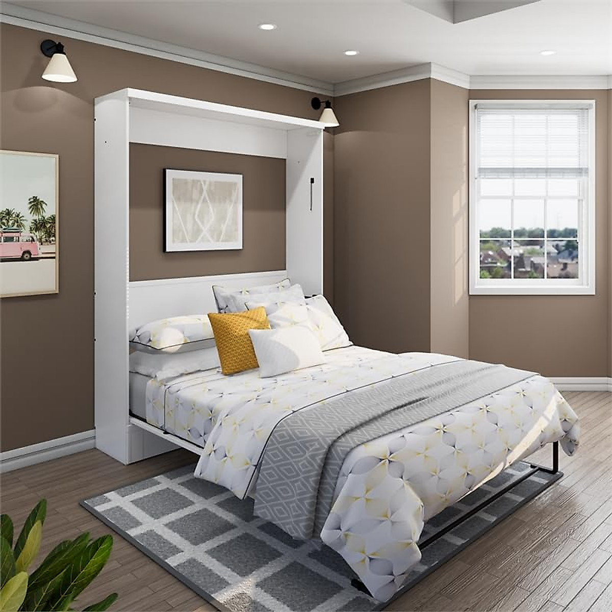 RoomAndLoft Queen Size White Murphy Wall Bed in Solid Wood, No Box Spring Needed, Easy Assembly