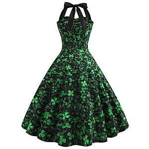 Dresses for Women St. Patrick's Day Sleeveless R-Neck Printing Vintage Gown Party Retro Swing Halter Dress Green