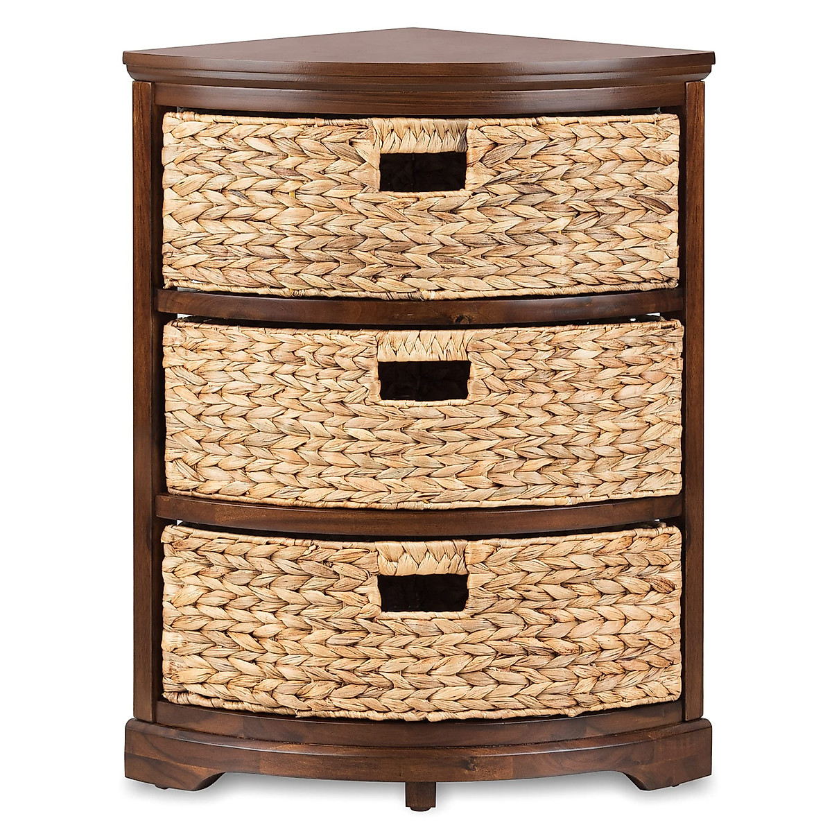 Hampton Meadows 3 Tier X-Side Corner Table Storage Cabinet with 3 Wicker Baskets, Walnut