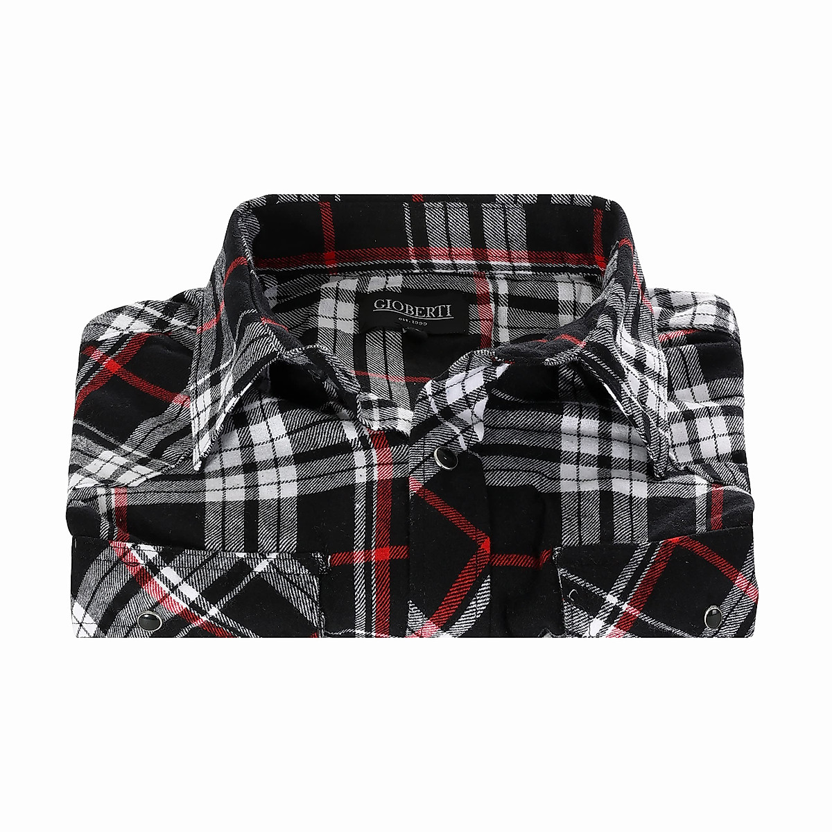 Gioberti Men 100% Cotton Western Flannel Plaid Shirt w/Snap-on Button, Black White Red Line, X-Large
