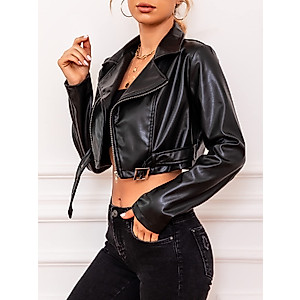 WDIRARA Women's PU Leather Zipper Buckle Belted Long Sleeve Motorcycle Crop Jacket Black L