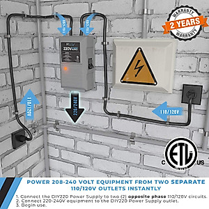 K KRIËGER DIY220 Quick Connect 220V Power Supply, Power 208-240 Volts from Two Separate 110/120V AC Circuits, 220V 15A AC Output Outlet with GFCI Outlet Circuit Tester