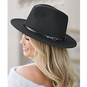 UTOWO Classic Black-Felt-Fedora-Hats-for-Women, Wide-Brim-Wool-Rancher-Panama Jazz Hat with Belt-Buckle