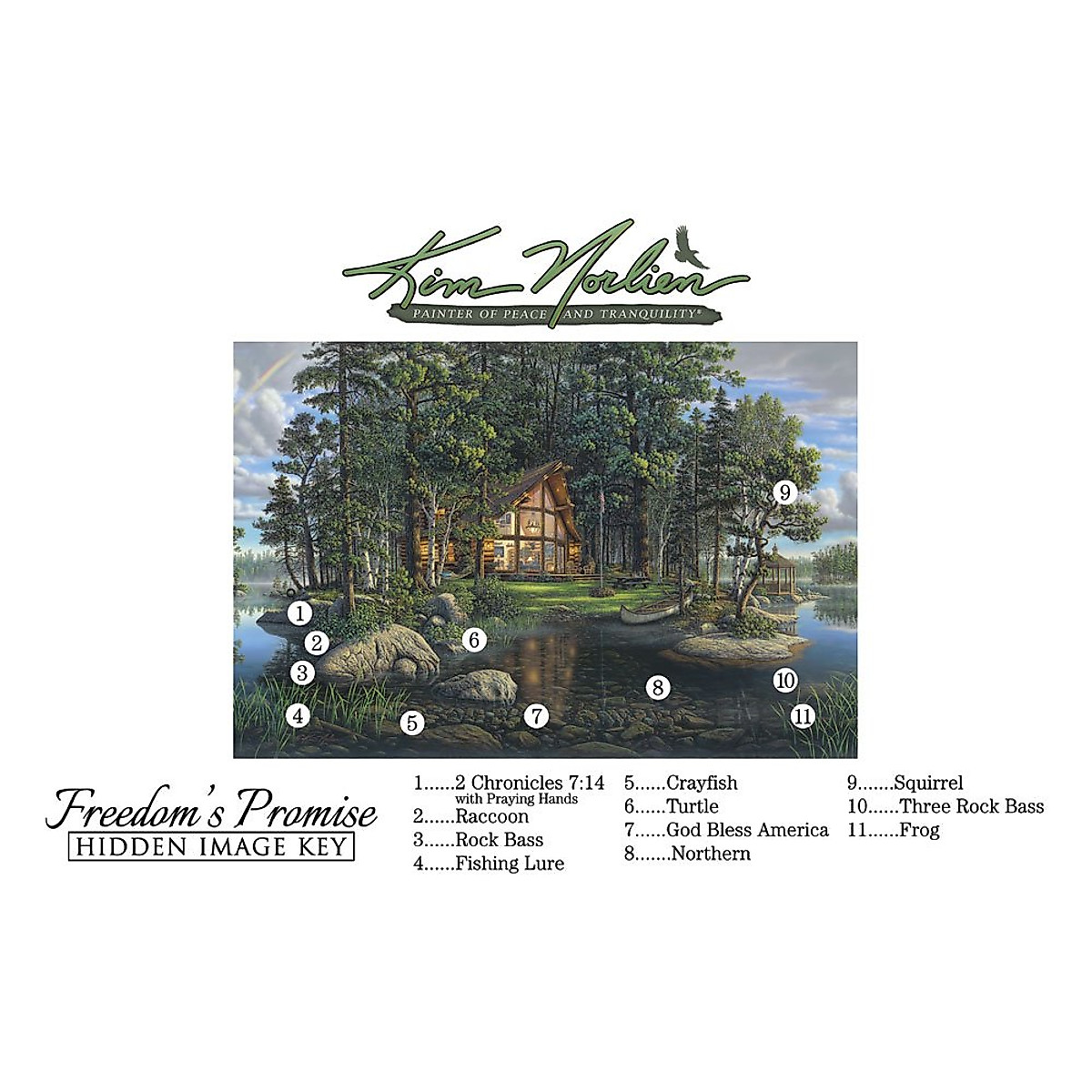 Freedom's Promise by Kim Norlien 17x23 Log Cabin Lake God Bless America Hidden Objects Gazebo Canoe Framed Art Print Picture