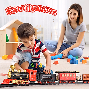 Hot Bee Train Set - Train Toys for Boys w/Smokes, Lights & Sound, Toy Train w/Steam Locomotive, Train Carriages & Tracks, Toddler Model Trains for 3 4 5 6 7 8+ Years Old Kids Birthday Gifts