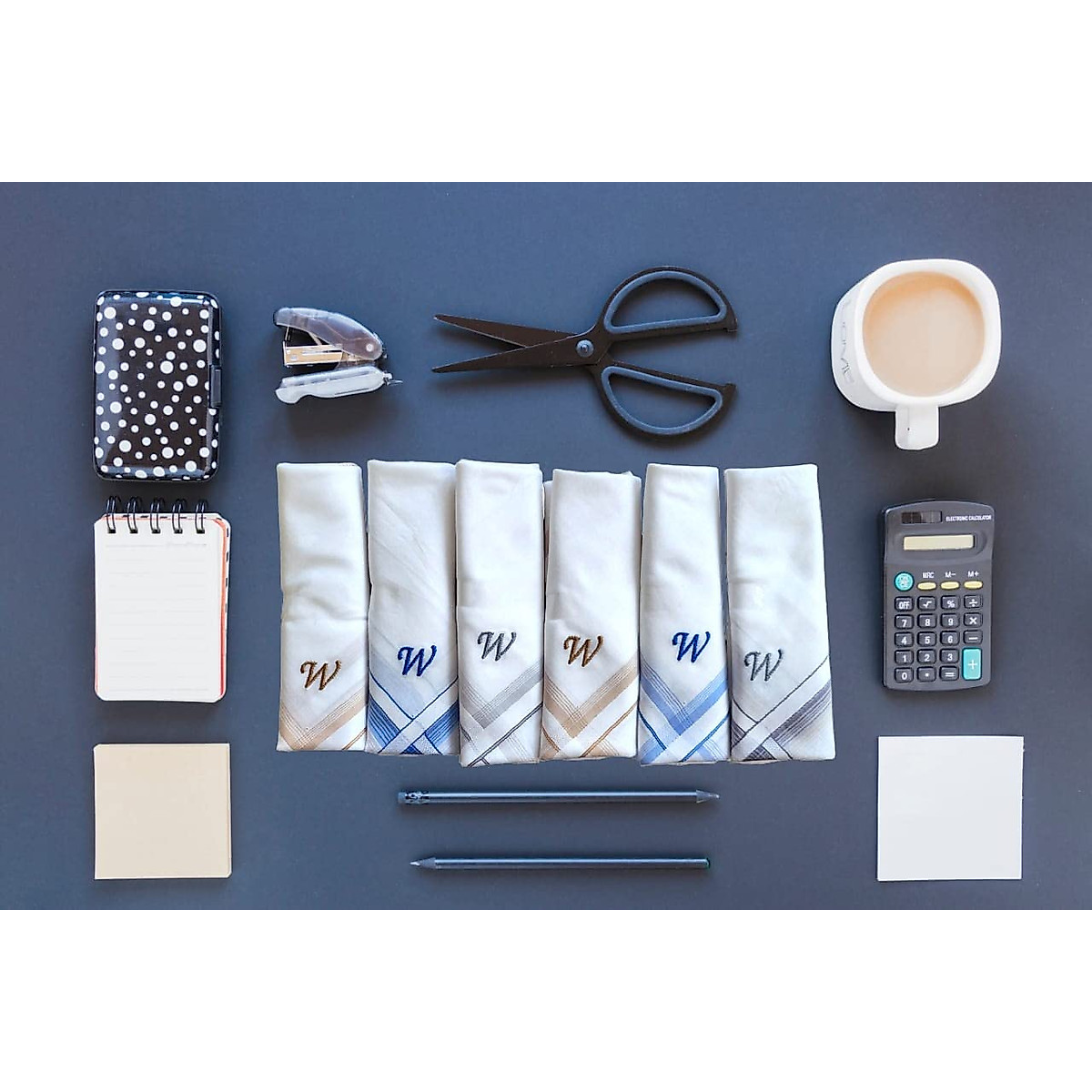 ANTONIA Personalized Handkerchief Cotton for Men with Embroidered W Initials Alphabets for Wedding, Gift, and Formal Occasions (Pack of 6) Multi Color