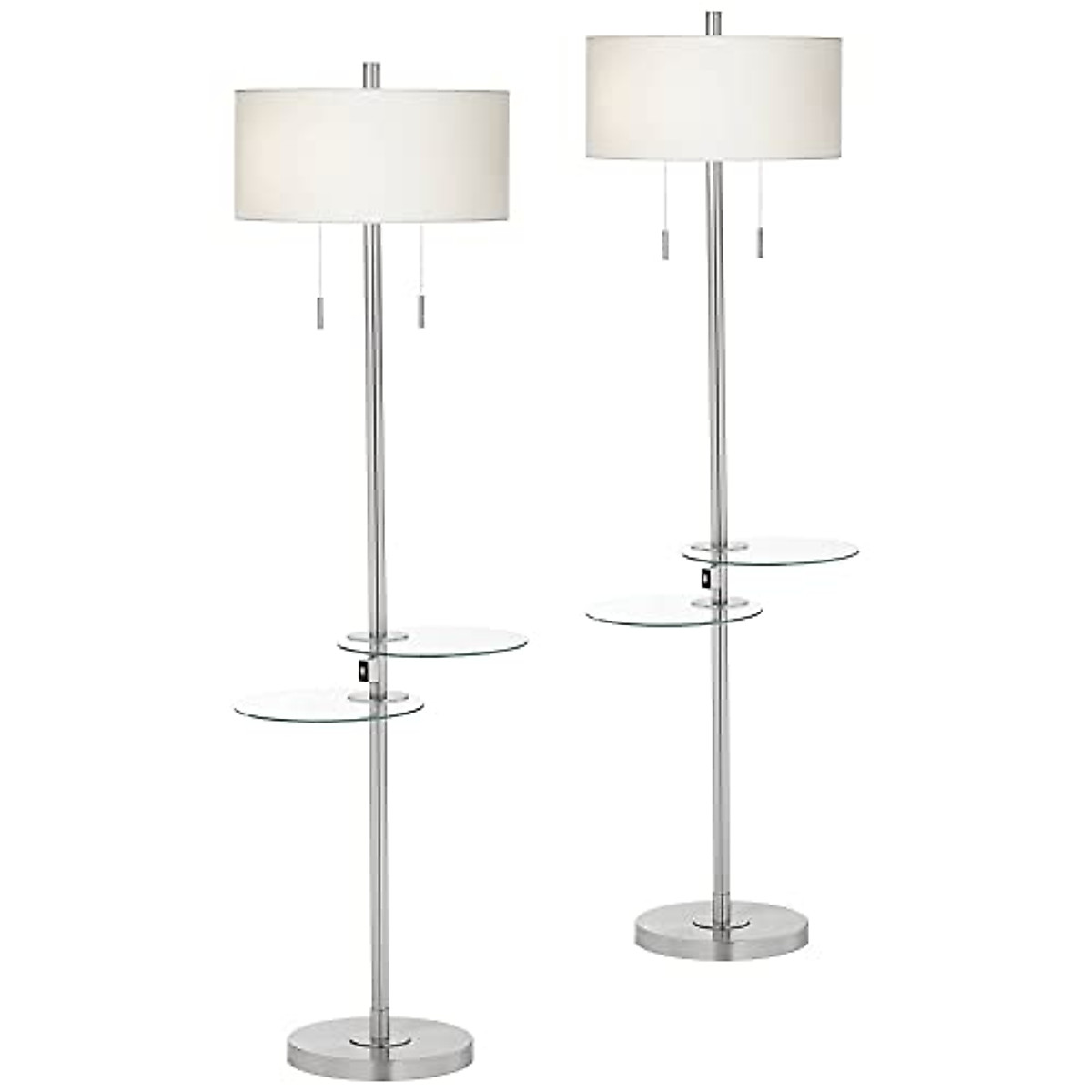 Possini Euro Design Concierge Modern Floor Lamps 63" Tall Set of 2 with Double Tray Table USB Charging Port Brushed Nickel Drum Shades Decor for Living Room Reading House Bedroom Home