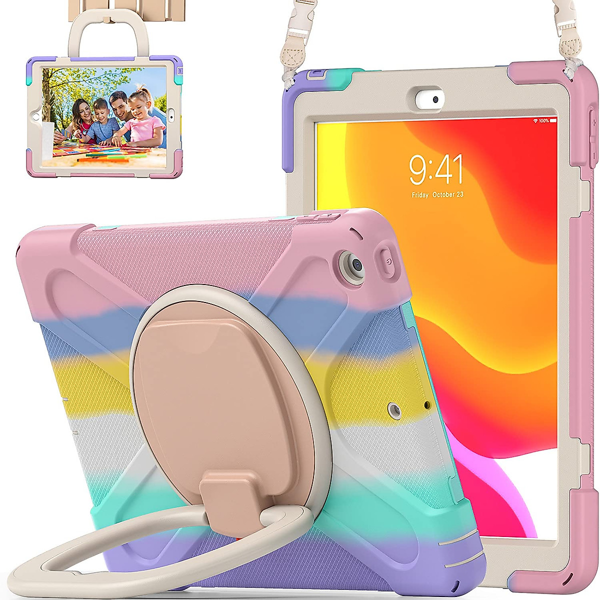 LX-SUNCX for iPad 10.2 Case 9th Generation 2021 / 8th Gen 2020 / 7th 2019,Shockproof Kids Case with Screen Protector,Rotating Stand/Pencil Holder/Shoulder Strap for iPad 10.2 Inch - Colourful Pink
