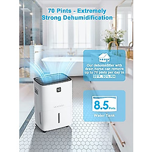 70 Pints Dehumidifiers for Home, VEAGASO 5,000 Sq.Ft Dehumidifier for Basement with Drain Hose, Large Room, Bathroom, Closet, Intelligent Humidity Control, 2023 Most Efficient, White