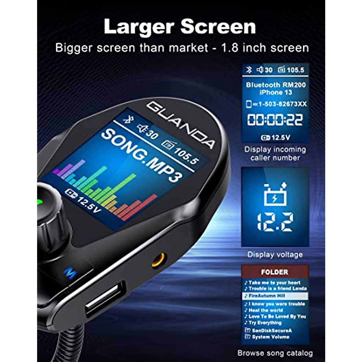 Bluetooth FM Transmitter (Upgraded Version) in-Car Wireless Radio Adapter Kit W 1.8" Color Display Hands-Free Call QC3.0 and Smart 2.4A Dual USB Ports, AUX Input/Output, TF Card MP3 Player