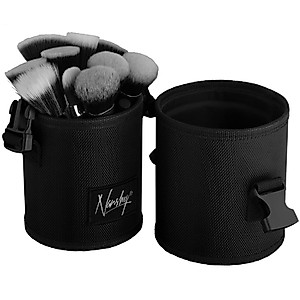 Nanshy Travel Makeup Brush Holder with Lid - Large, Stand Up Makeup Brush Case for MUA - 2-in-1 Durable Makeup Brush Organizer Bag & 2 Brush Cups - Brushes Not Included - Black - 9 x 4 x 4 Inches