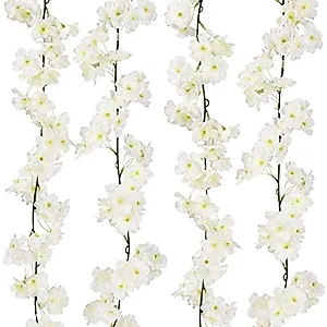 Artflower 2 Pack Artificial Cherry Blossom Garland Hanging Vine Silk Garland Silk Artificial Flower Faux Sakura Garland for Wedding Garden Arch Wall Home Party Decor（White）