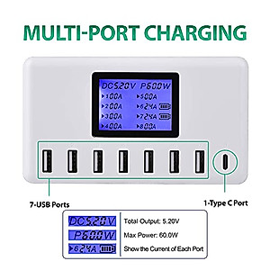 USB C Charging Station, Desktop Smart Multi Port USB Charging Station with LCD Display for Multiple Devices, 8 Ports 60W/12A USB Charger Station for iPad iPhone Android Phone and Tablet (White)