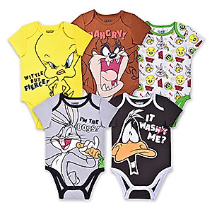 Warner Bros. Looney Tunes Boys’ 5 Pack Short Sleeve Bodysuit for Newborn and Infant – Yellow/Grey/Brown/White/Black