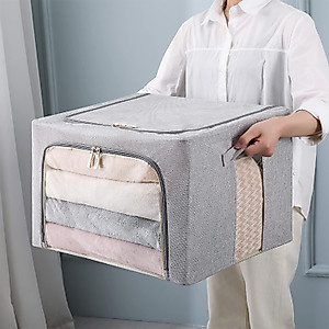 3Pack Foldable Storage Bins - Frame Storage Box Linen Fabric Stackable Clothes Container Organizer with Clear Window & Carry Handles Large Capacity (Large-66L, Light Grey)