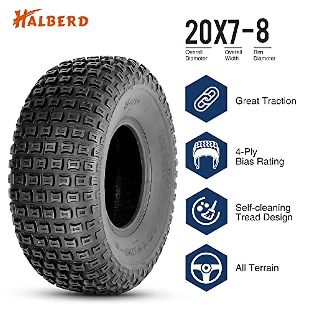 HALBERD 20x7-8 ATV Tires, Sport Quad 20x7x8 All Terrain Tires 20x7x8 UTV ATV Tires 4PR Fits 8’’ Rims, Tubeless, Set of 2