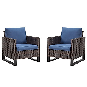 Rilyson Patio Furniture Chairs Outdoor Chair - Wicker Patio Furniture Set of 2,PE Rattan Patio Seating with Cushions for Deck Porch Balcony Backyard Garden(Brown/Blue)