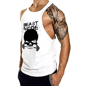 GZXISI Mens Skull Print Stringer Bodybuilding Gym Tank Tops Sleeveless Workout Shirt Fitness Vest (B# White, Large)