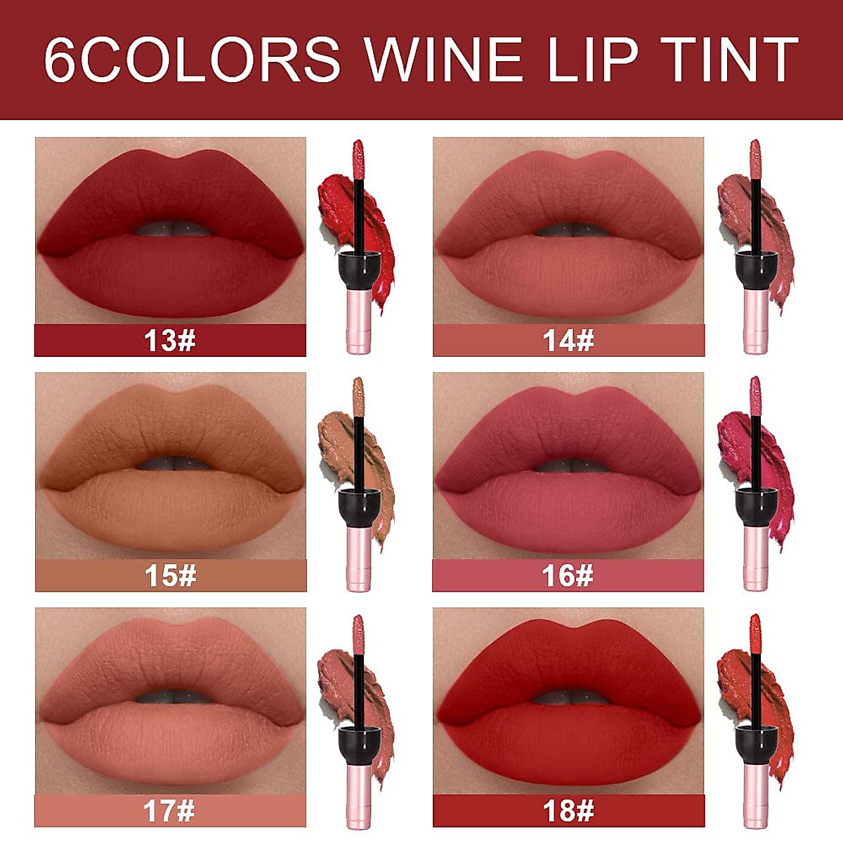 6 Colors Matte Red Wine Liquid Lipstick Pack Set,Wine Lip Tint Long Lasting 24 Hour Waterproof Velvet Nonstick Cup Lipgloss Lip Stain Pigmented Lip Makeup Gift Sets for Girls and Women Labiales