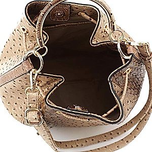 Boho Tassel Ostrich Print Vegan Leather Handle Bucket Handbag Satchel Wallet Set (Brown/Dark Brown)