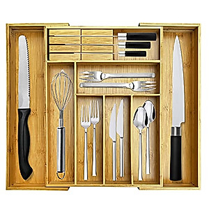 ZHOMA Bamboo Expandable Kitchen Drawer Organizer for Utensils Holder - Silverware Organizer/Utensil Holder and Cutlery Tray with Grooved Drawer Dividers - Natural