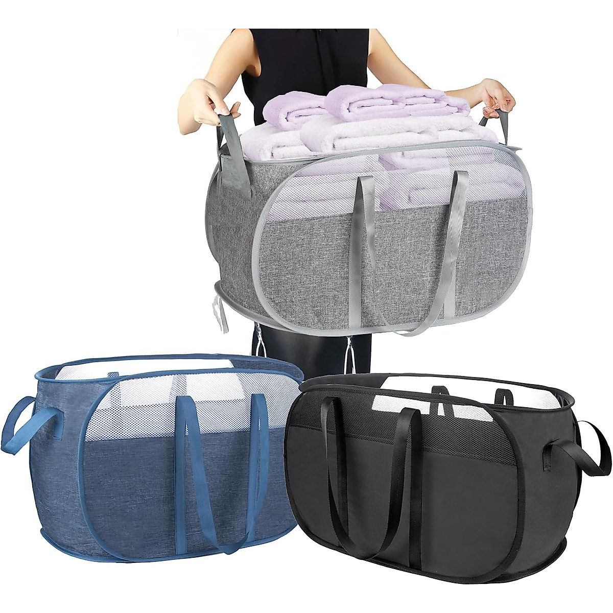 GHTOOW, Collapsible Laundry Basket, 3 Pack, Hamper with Reinforced Handles, Durable Pop Up Hampers for Laundry, Tear Proof & Easy to Carry Laundry Hamper for Home, Laundry, Dorm, Travel