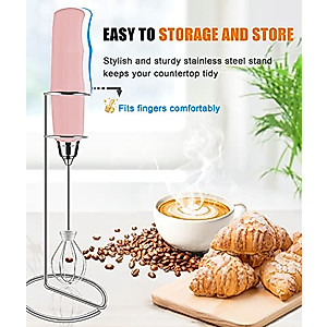 YUSWKO Rechargeable Milk Frother for Coffee with Stand, Handheld Drink Mixer with 3 Heads 3 Speeds Electric Stirrers for Latte, Cappuccino, Hot Chocolate, Egg - Pink
