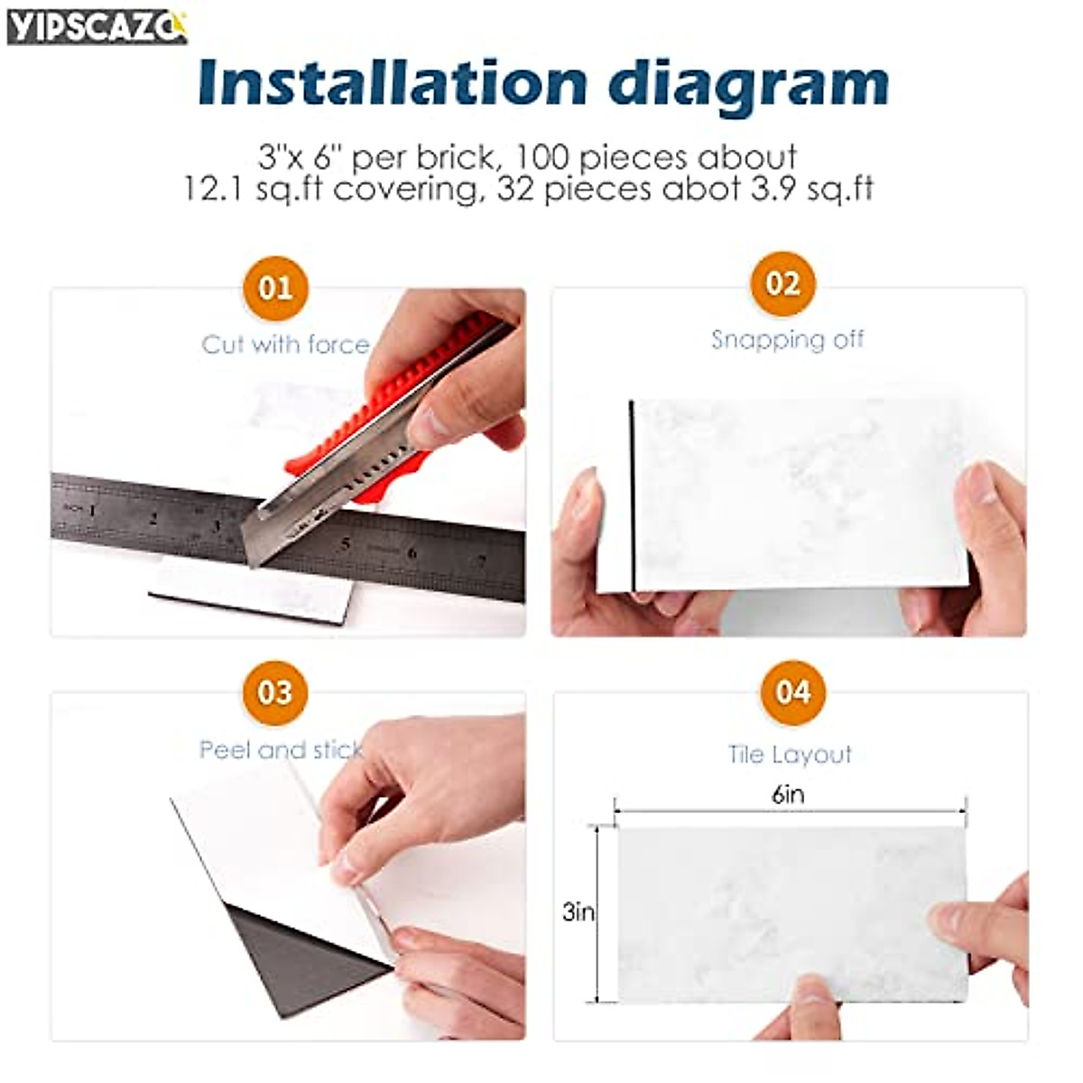 100 Pieces Peel and Stick backsplash 3 x 6 Inches 3D Kara White Stone PVC Composite Wall Tile Stick on Backsplash Tile for Kitchen Bathroom, Laundry Room, Camper, Fireplace